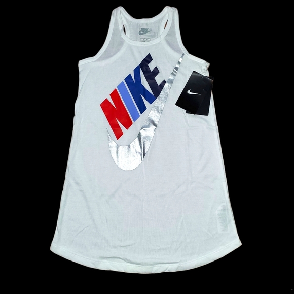 Nike | Dresses | Nike Racer Back White Tank Dress Big Logo Beach Cover ...